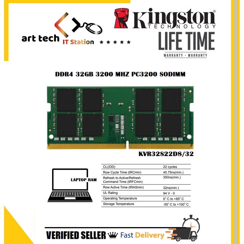 KINGSTON DDR4 32GB 3200 MHZ PC3200 SODIMM LAPTOP NOTEBOOK RAM ...