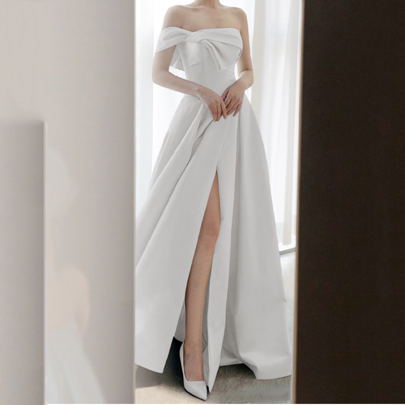 Light Blue Korean Split Long Birthday Party Evening Dress Elegant Satin ...