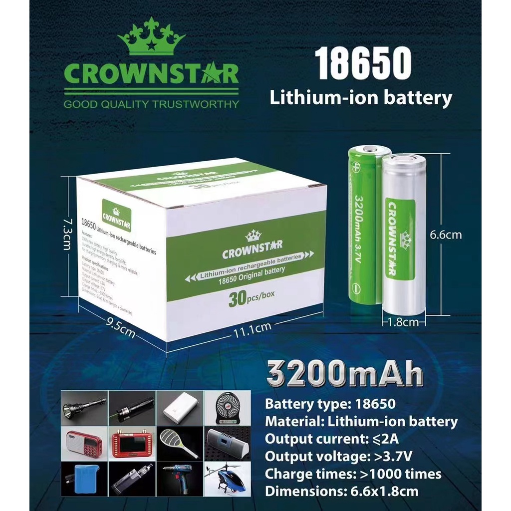GDLITE CROWNSTAR 18650 Rechargeable Battery 3200mAh Li-Ion 3.7v minifan ...