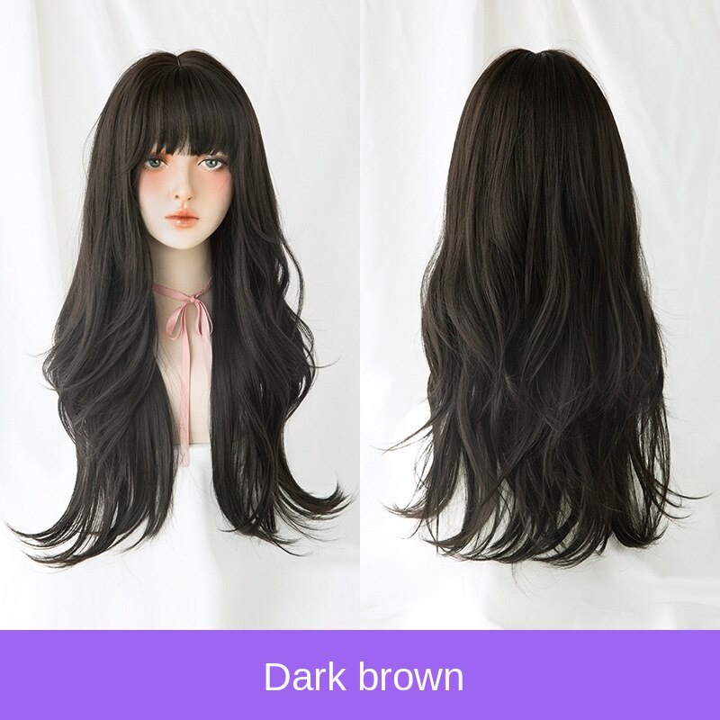 Women's wig long curly hair air bangs big wave natural lifelike fluffy ...