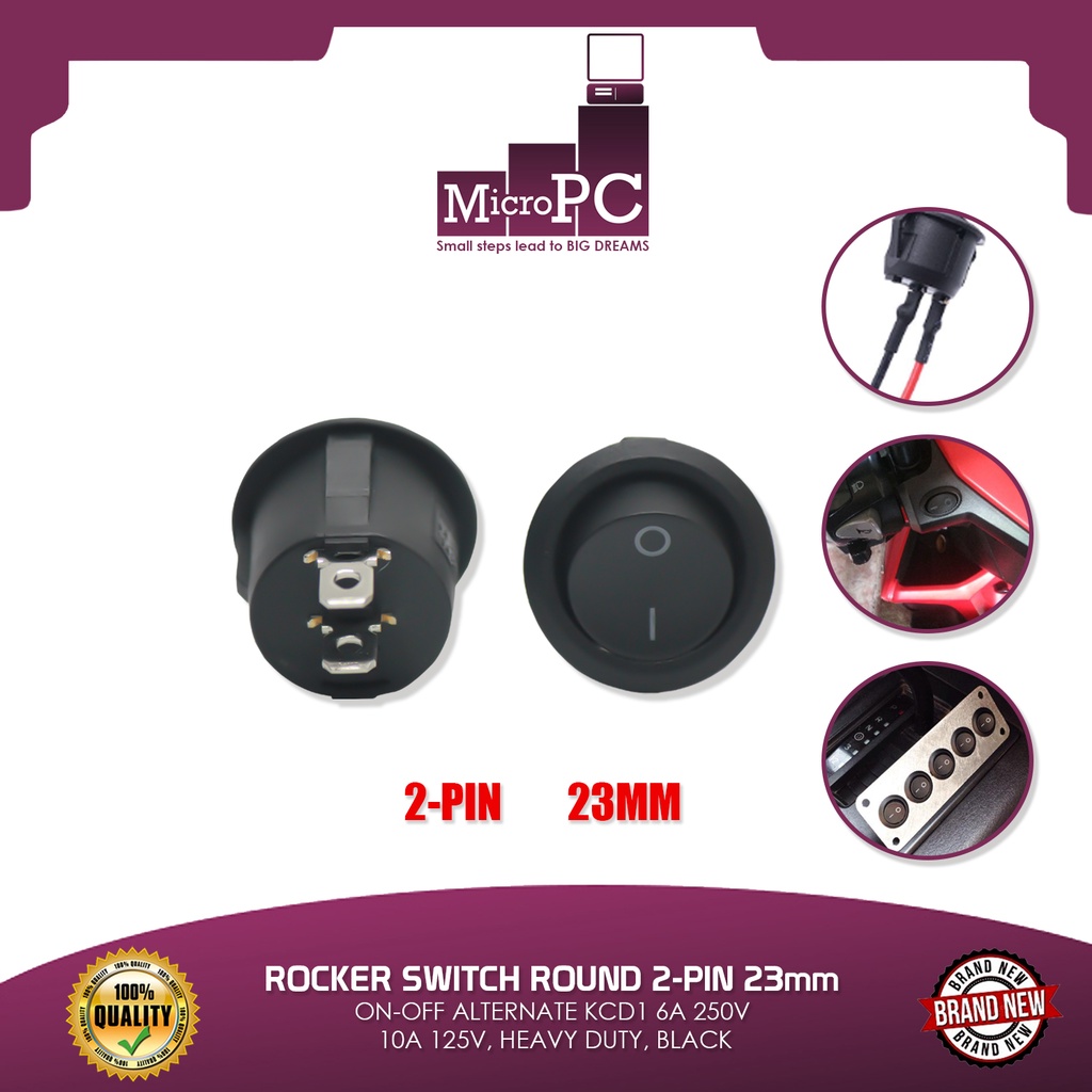 ROCKER SWITCH ROUND 2-PIN 23mm, ON-OFF ALTERNATE, KCD1 6A 250V 10A 125V ...