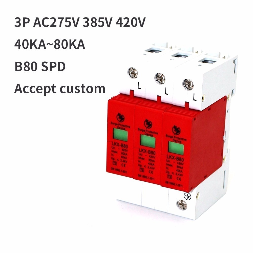 B80-3P 40KA~80KA ~275V 385V 420V AC 2P+N SPD House Surge Protector Protective Low-voltage ...