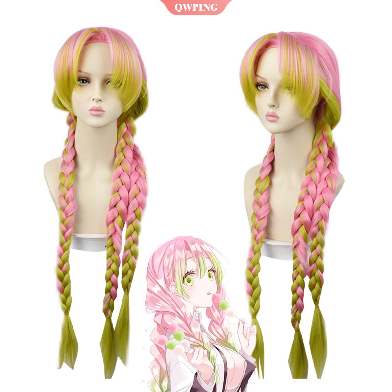 Demon Slayer Kanroji Mitsuri Cosplay Wig 3 Braids Long Pink Mixed Green ...
