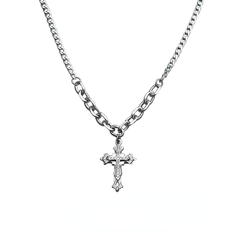 New Punk Hip-hop Cuba Chain Rhinestone Cross Pendant Necklace for Women ...
