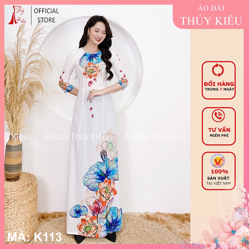 Thuy Kieu ao dai 3D printed Japanese silk with white background and ...