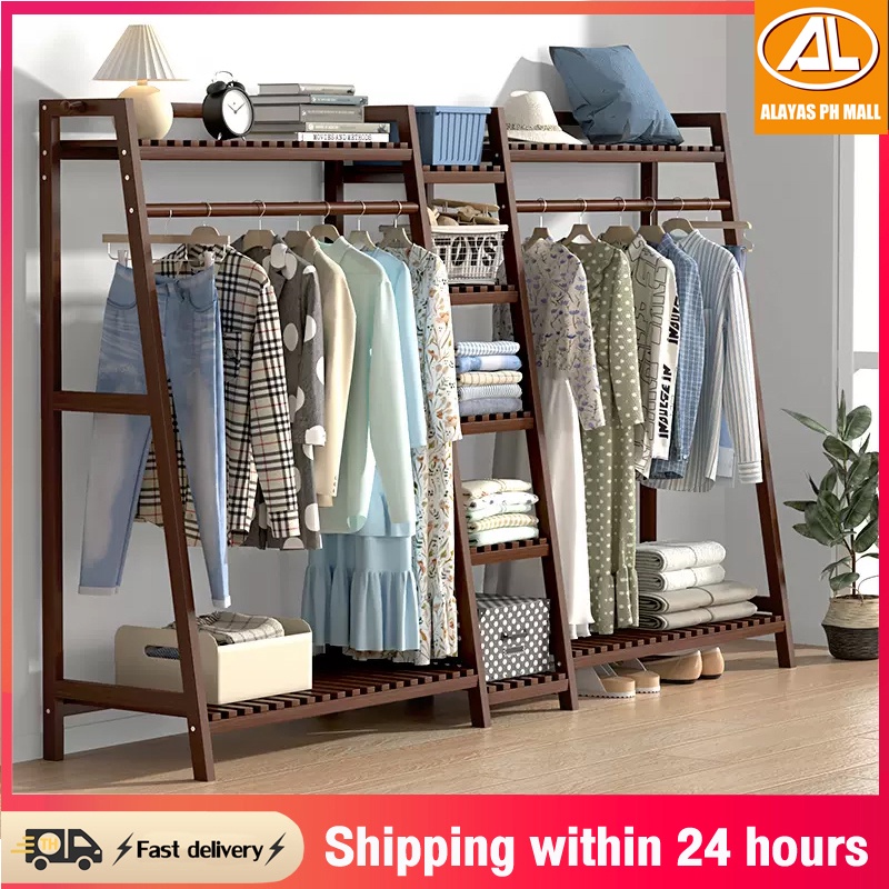Multi-Layer clothes Rack Floor Hanger Wood Shoes Rack Bamboo Clothing ...