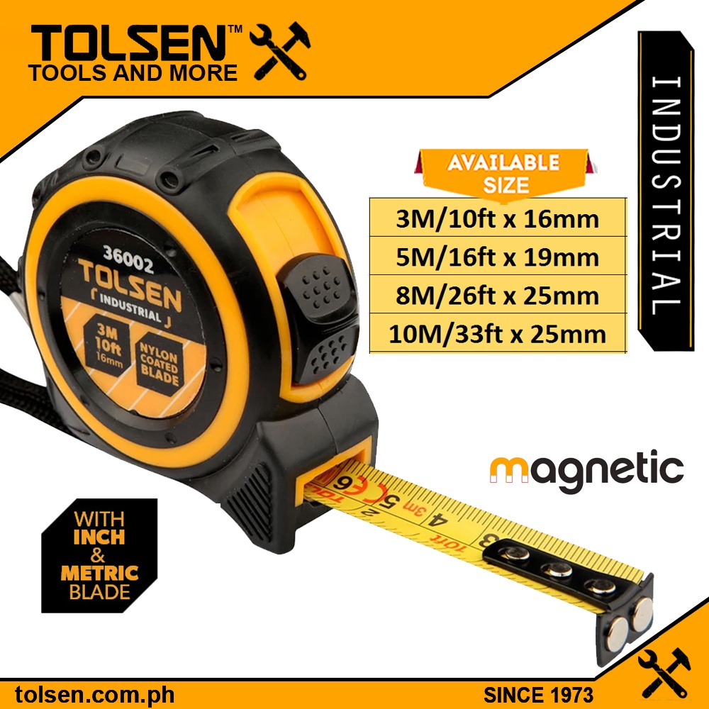 Tolsen Industrial Measuring Tape w/ Nylon Coated Blade TPR Handle (3M ...