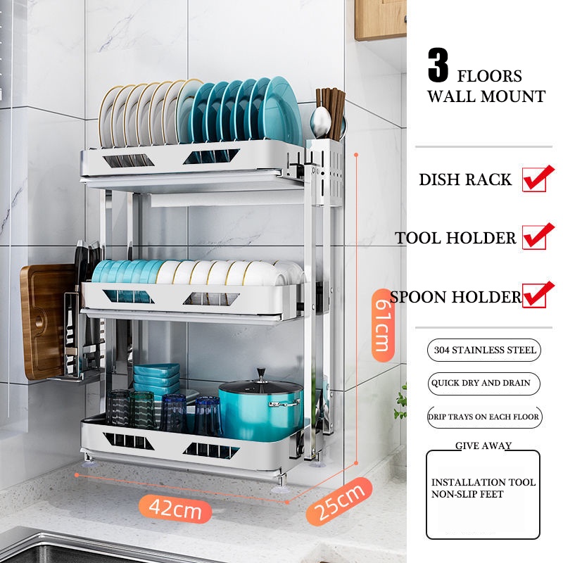 304 Stainless Steel Dish Rack Draining Rack Multi-Functional Kitchen ...