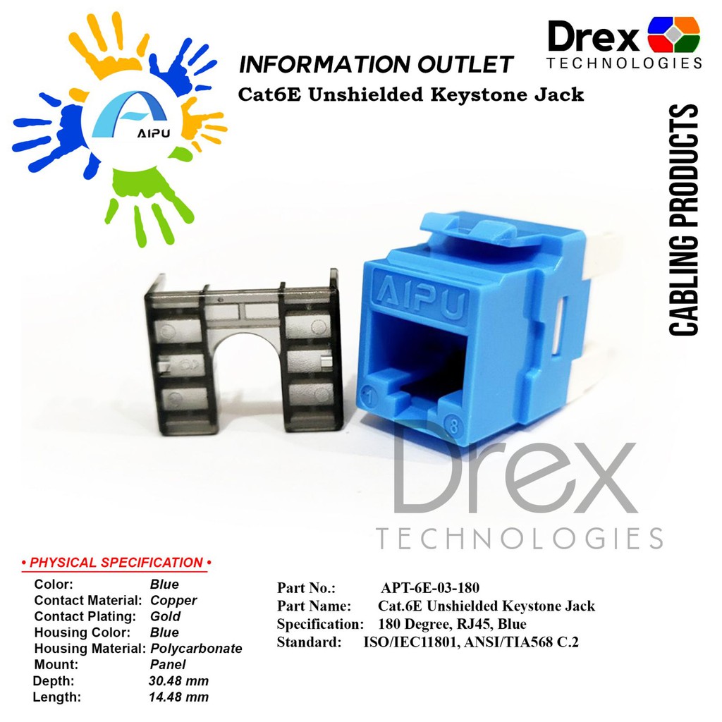 AIPU Cat6e Information Outlet Cat6 Unshielded Keystone Jack 180 Degree ...