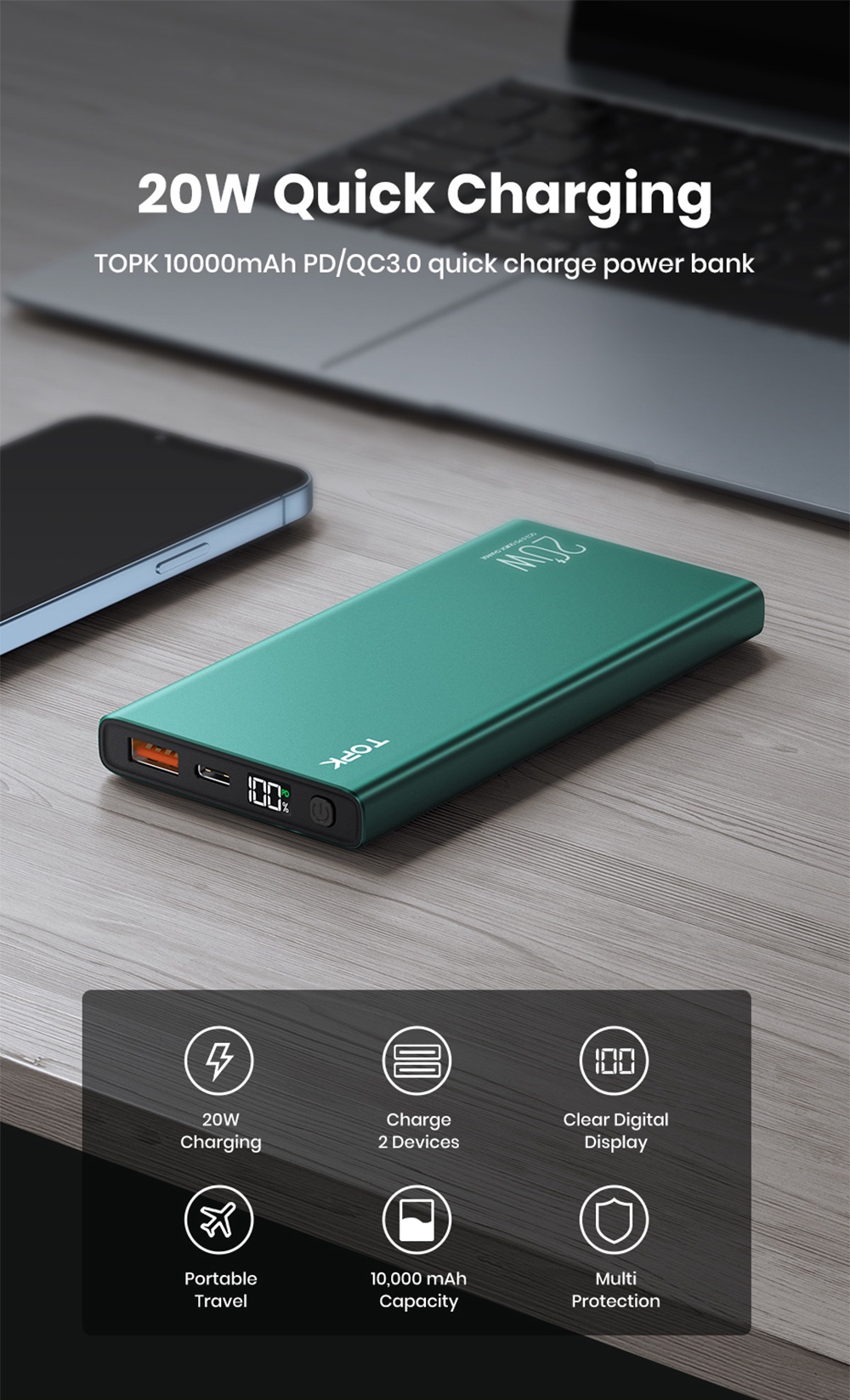 TOPK I1006P PD 20W 10000mAh Powerbank Dual USB LED Display Power Bank ...