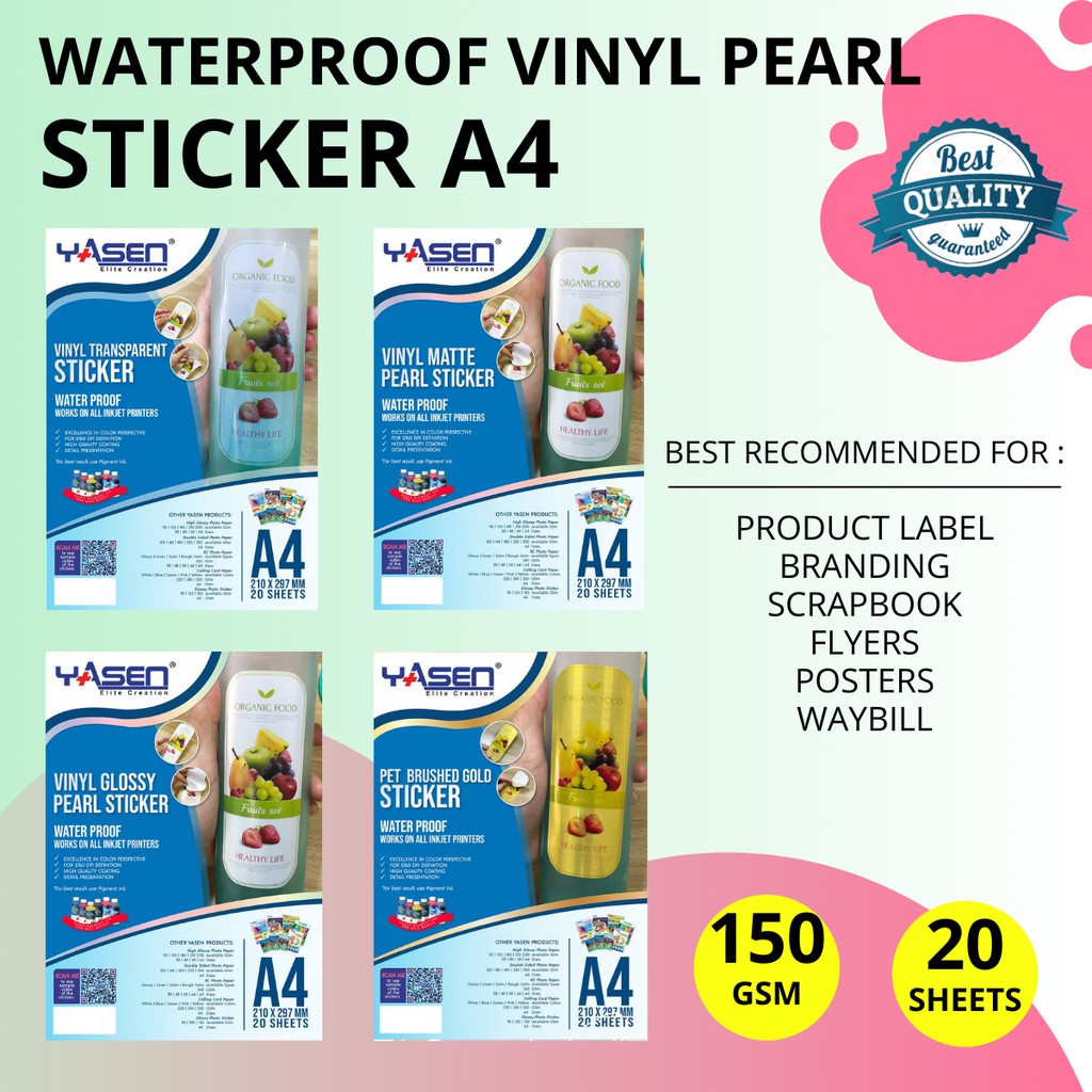 Vinyl Inkjet Sticker A4 Glossy | Matte | Transparent (20 Sheets ...