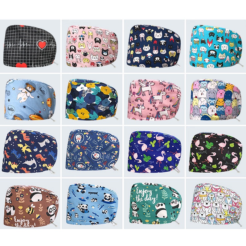 Nurse Cap Round Printed Cute Breathable Pure Cotton Elastic Adjustable ...