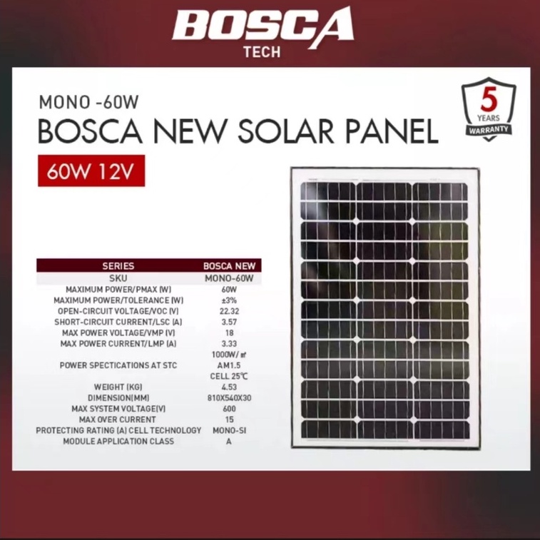 BOSCA NEW Monocrystalline Solar Panel 5 YEAR WARRANTY MONO 60W 12V ...