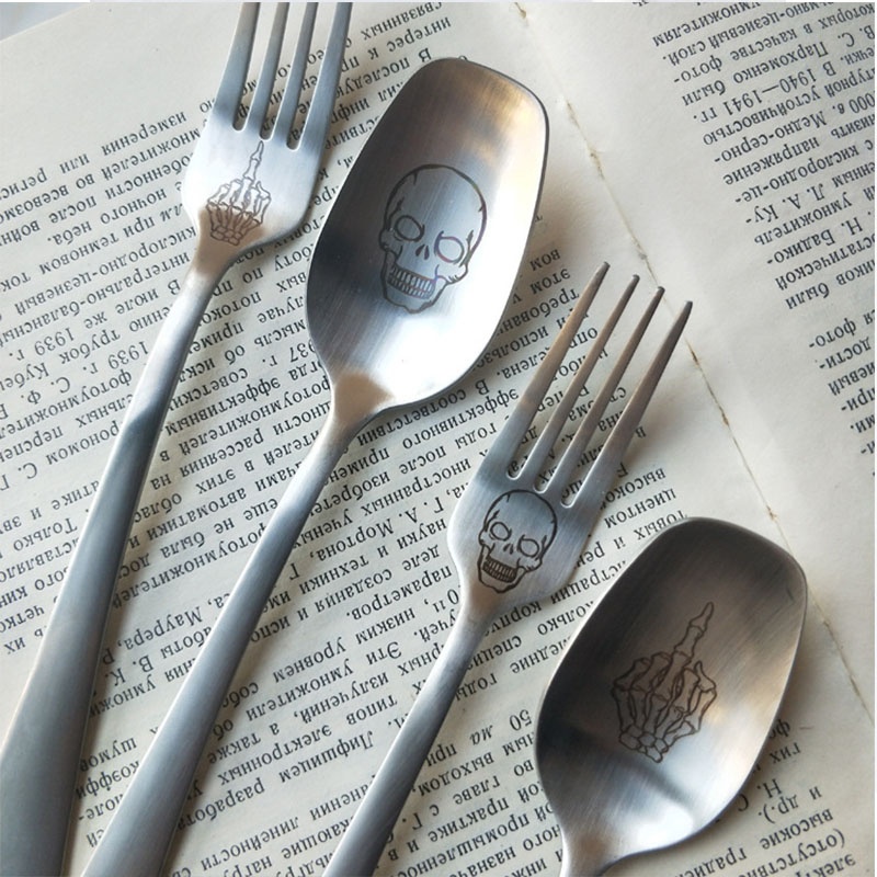 Silver Skull Shape Coffee Drink Mixing Spoon Fork Teaspoon Stainless ...