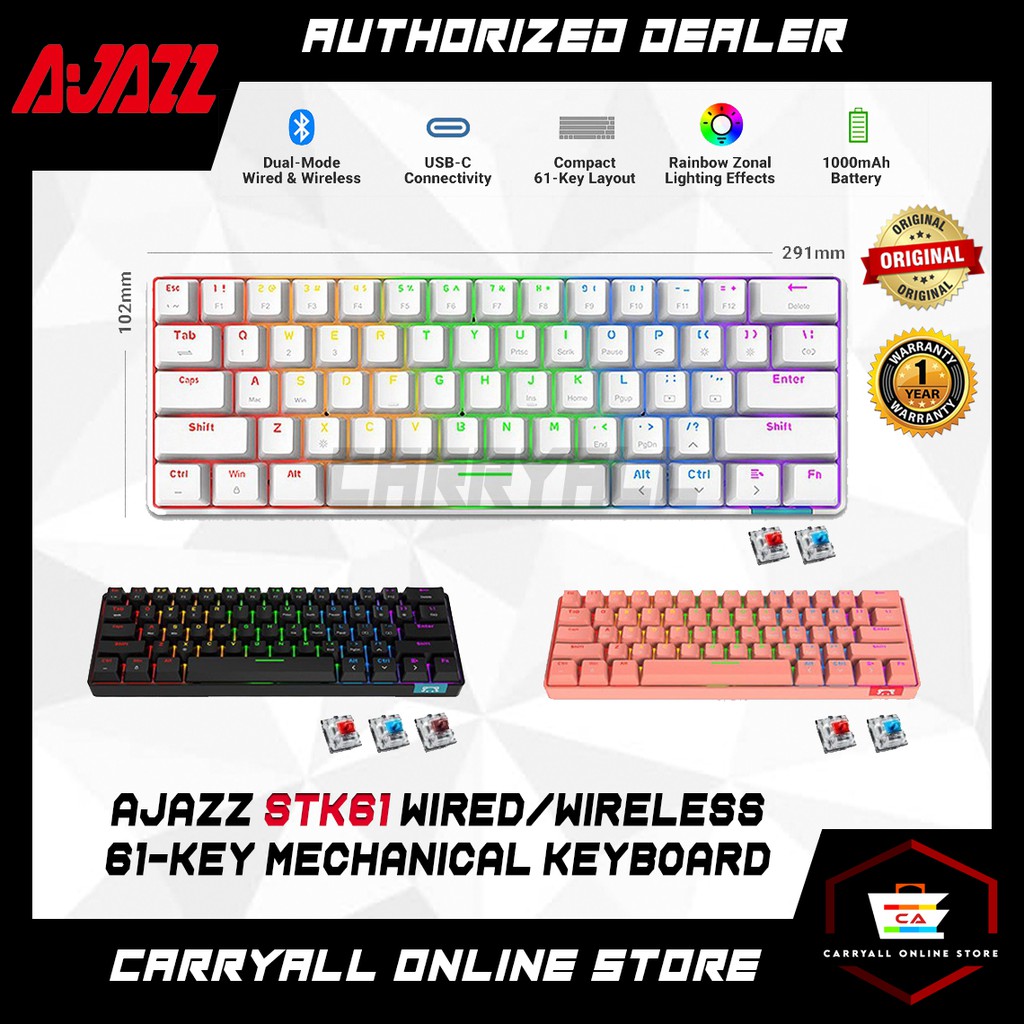 Ajazz STK61 Dual Mode Wired/Wireless 61-Keys Mechanical Keyboard ...