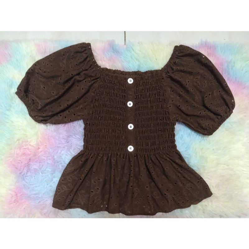 Amara Eyelet smocki mong puff sleeve button tops(S-L) | Shopee Philippines