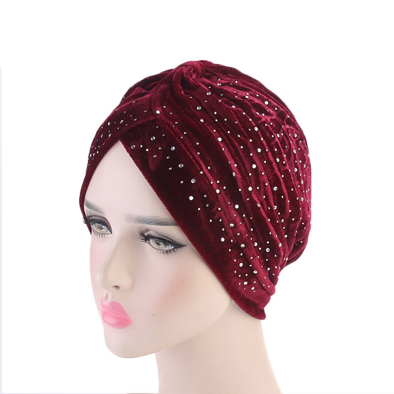 Women Velvet Turban Hat Rhinestone Fashion Twist Solid Color Hijab ...
