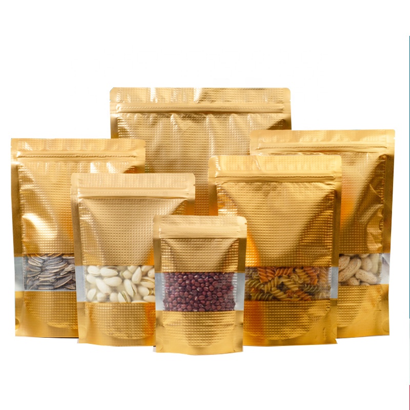 100pcs Textured Gold pouch with window stand up pouch stand up | Shopee ...