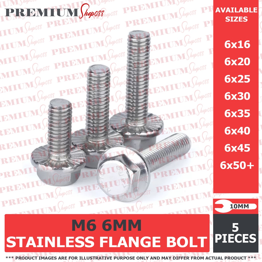 5pcs M6 6MM Stainless Flange Bolt Hexagonal SS Motor Bolts Motorcycle ...
