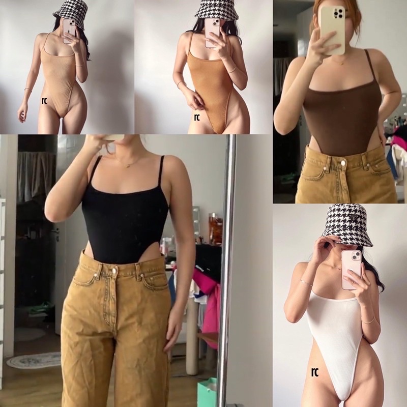 Yukiko - Basic Clean RIch Girl Outfit Knitted Ribbed High Cut Spaghetti String Bodysuit | Shopee ...