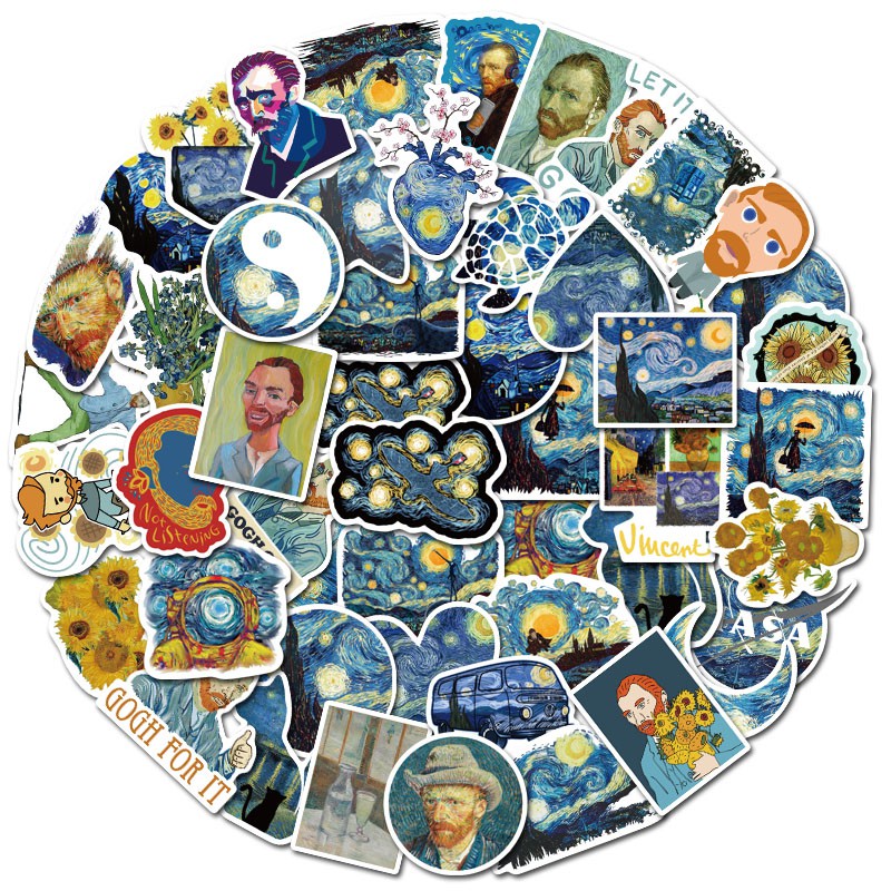 40 Pcs Of Cartoon Van Gogh Painting Waterproof Home Deco Stickers ...
