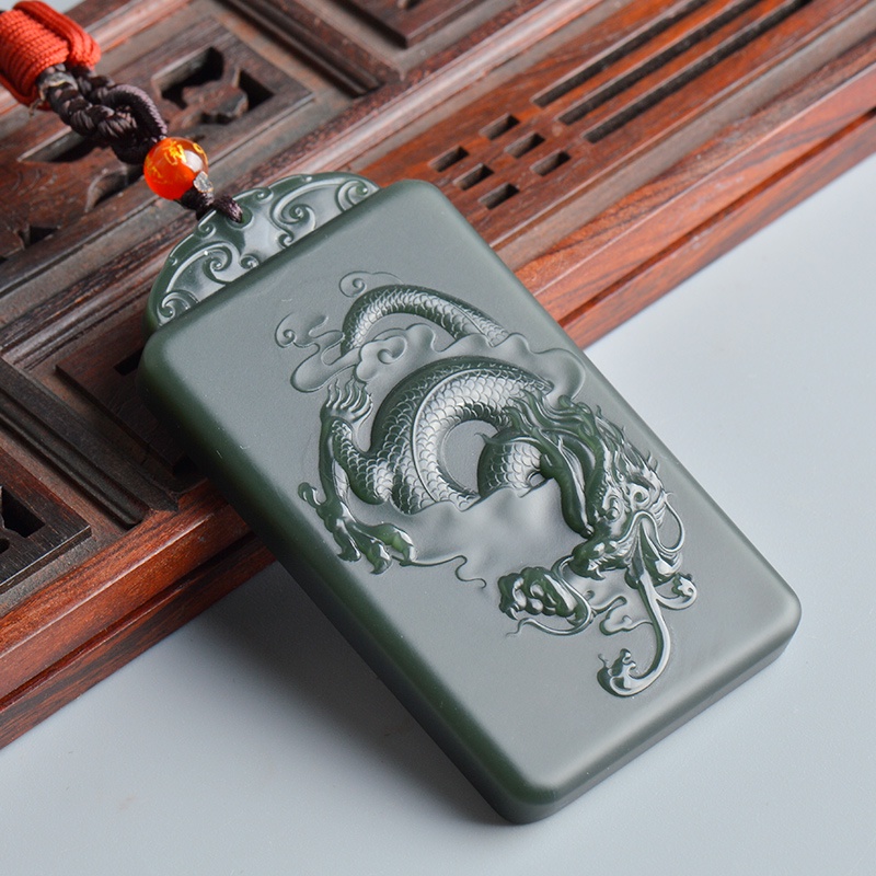 Natural Hetian YU Men's Cyan Dragon Brand Zodiac Dragon Pendant Cyan YU ...