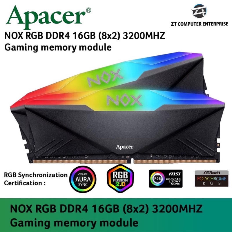 APACER NOX 16GB(8GB x2) DDR4 3200MHZ RGB AURA GAMING RAM PC | Shopee ...
