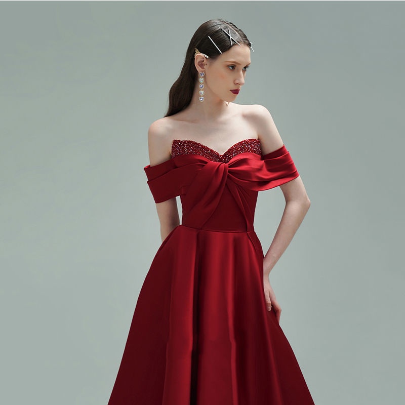 New red dress sexy and elegant host show slim fashion long party ...