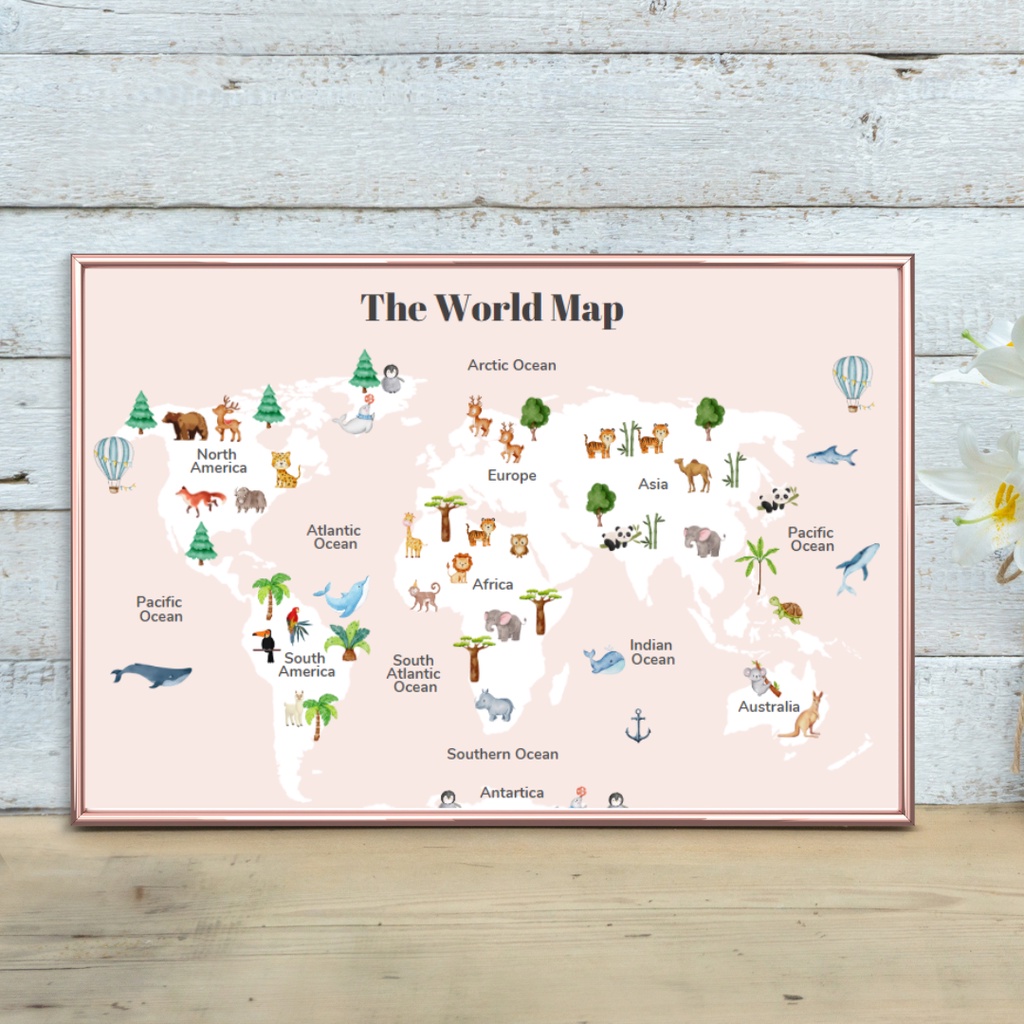 A4 A3 Animals World Map, Animal World Map Print, Nursery Wall Art ...