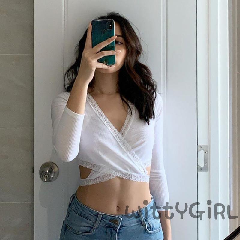 WITTY-Women´s Wrap Crop Top, Sexy Long Sleeve Deep V Neck Lace Trim Self Tie Basic Tee Shirt ...