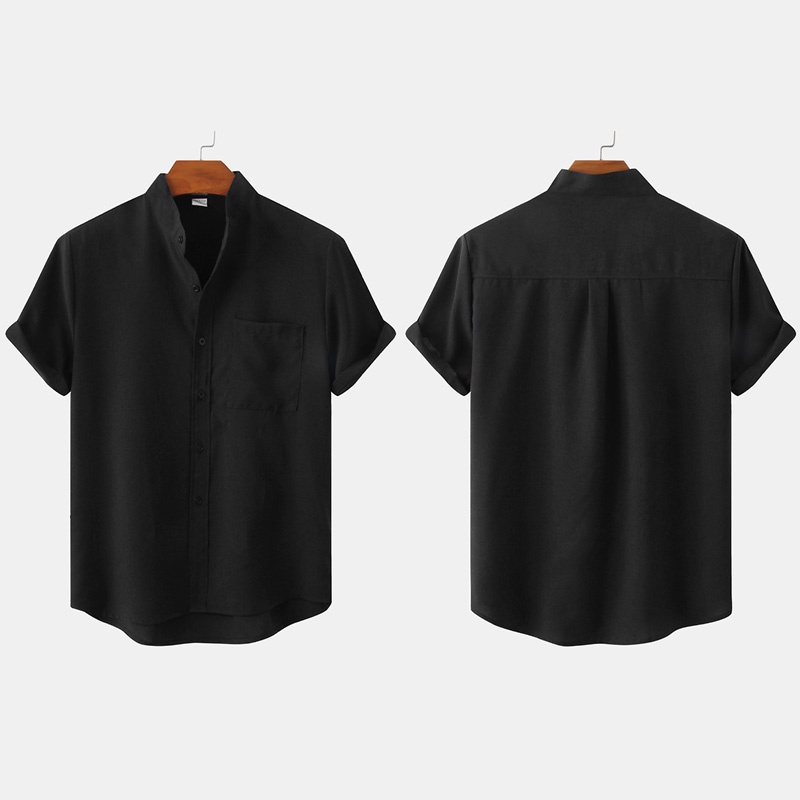 Mens Solid Color Cotton And Linen Button Up Polo Shirt Comfortable Slim