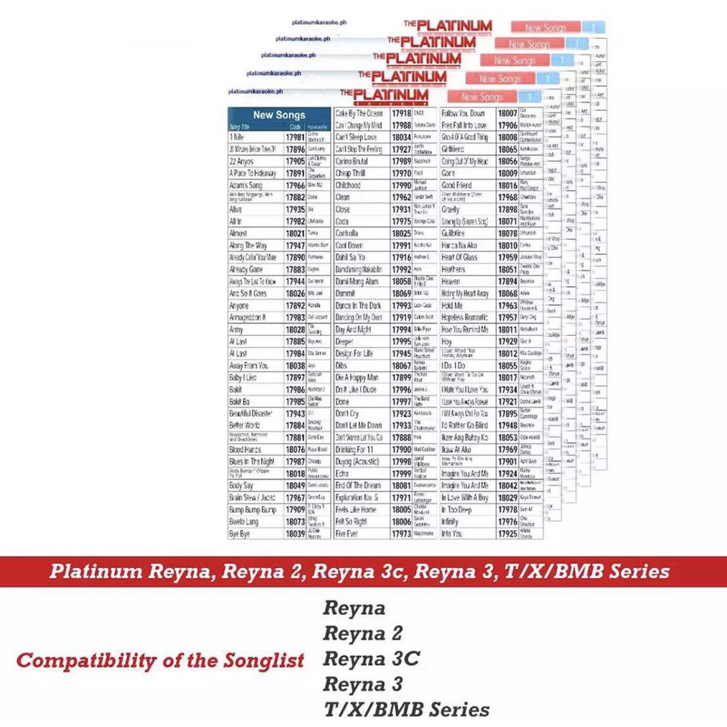 The Platinum Complete Songlist Only for Reyna, Reyna 2, Reyna 3c, Reyna 3, T/X/BMB Series ...