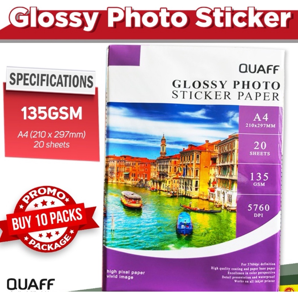 (10 packs)Quaff Glossy Photo Sticker Paper 135/90 gsm A4 Size 20 Sheets ...