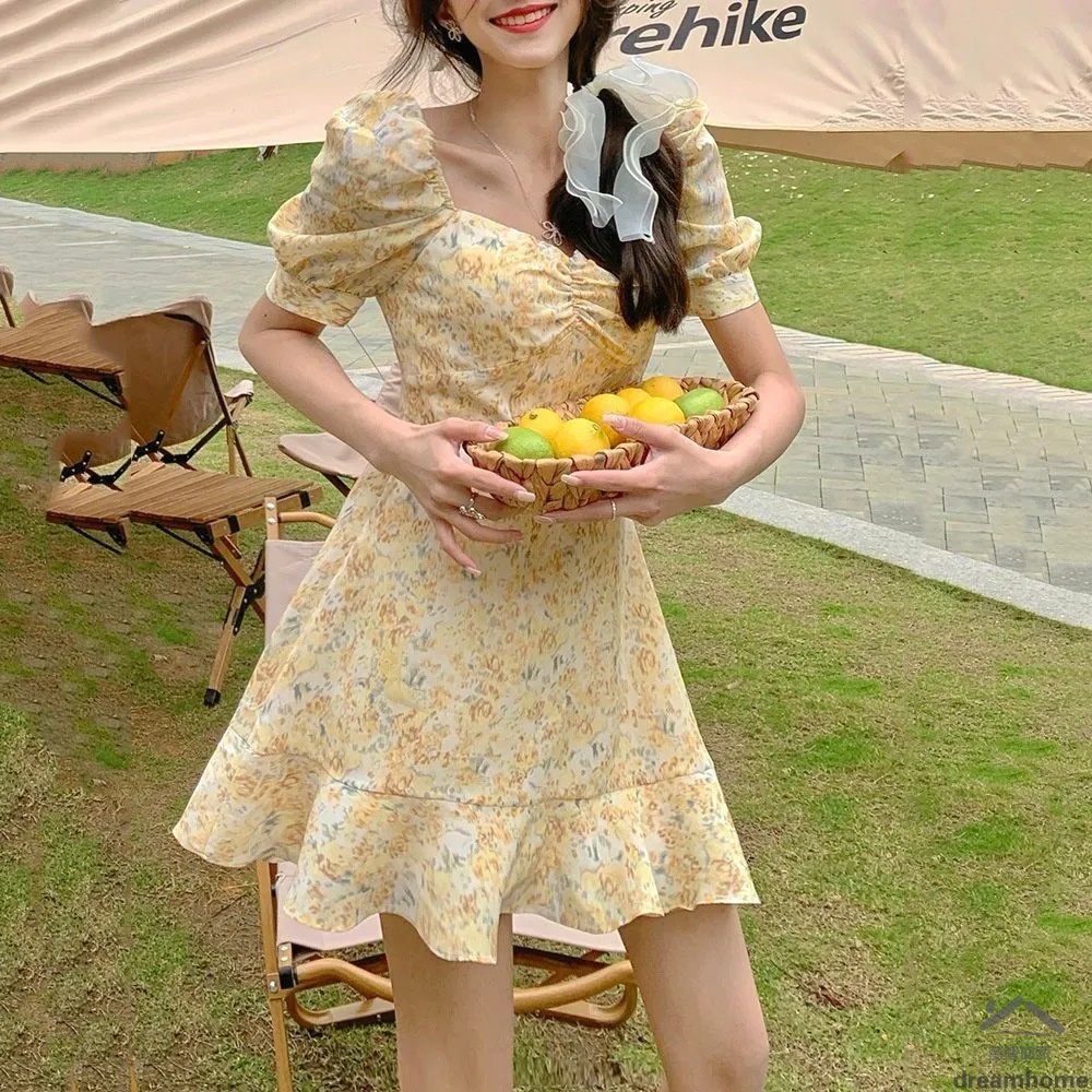 Women's Chiffon Floral Dress Yellow Pink Retro Ruff Short Sleeve Square ...