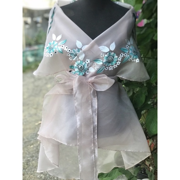 Filipiniana wrap around panuelo alampay / beige / green handpaint ...