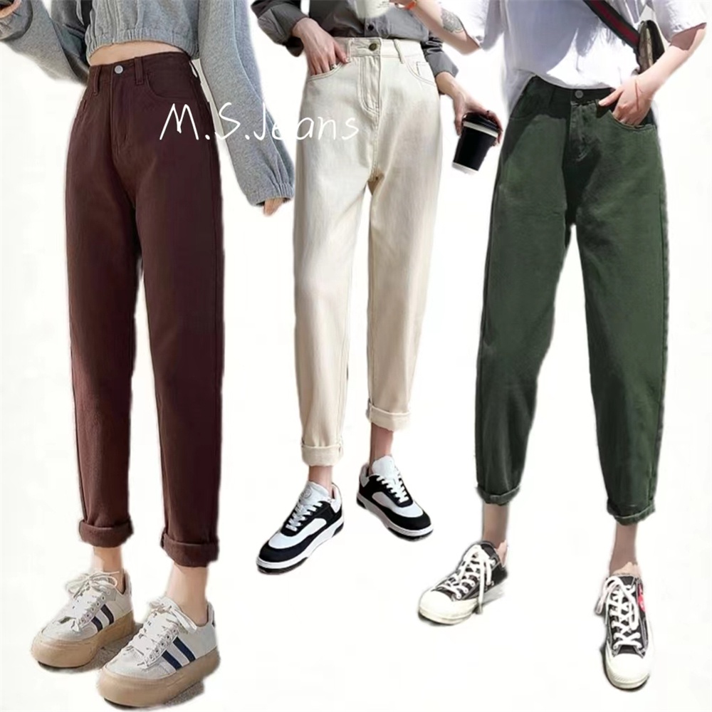 Ladies Boyfriend Jeans High Waist Solid MOM Jeans Korean Style Brown ...