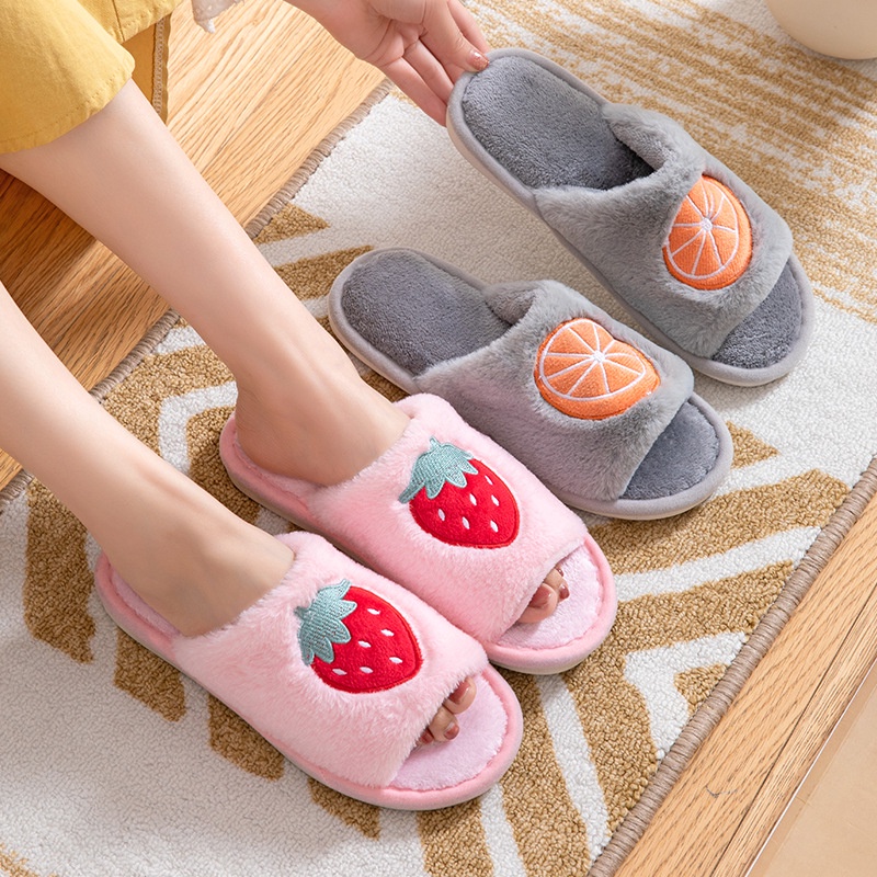 Plush Open Toe Embroidered Strawberry Watermelon Fruit Ladies Home ...