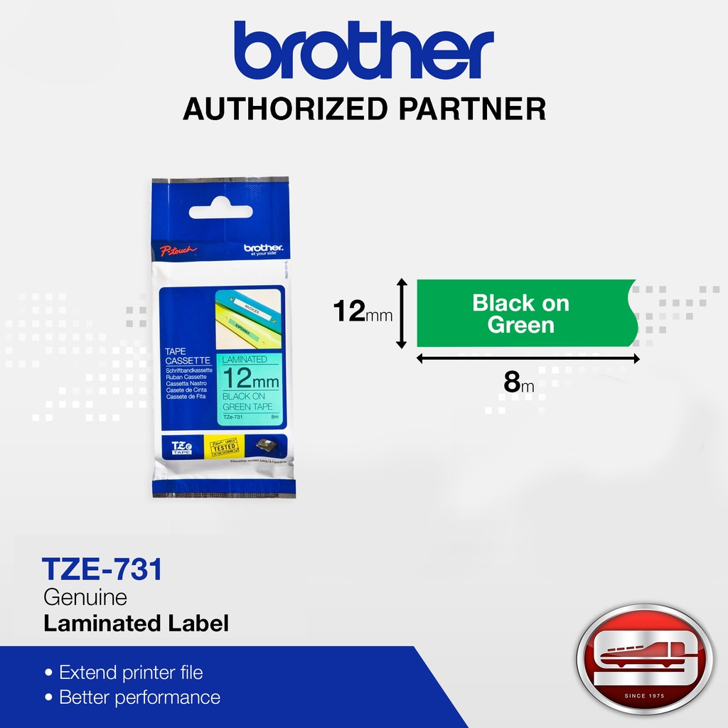Brother TZe-731 Labelling Tape – Black on Green, 12mm wide Standard ...