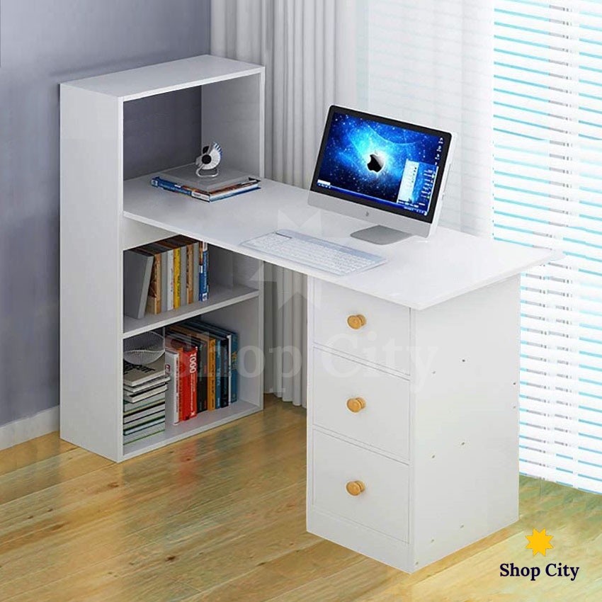 SCY 100x40x100 Computer Table Study Desk with 3 Drawers & Bookshelves ...