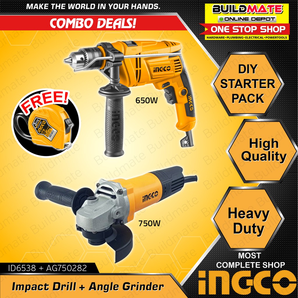 BUILDMATE Ingco [COMBO] Impact Drill 650W ID6538 & Angle Grinder 750W ...