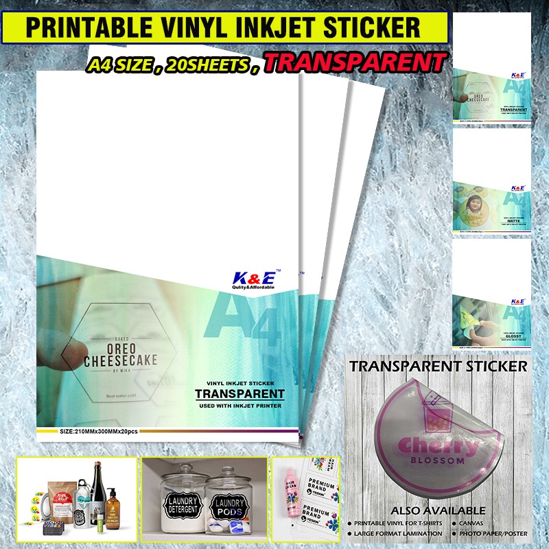 (20pcs)K&E Printable Vinyl Inkjet Sticker A4 Transparent/Glossy/Matte ...