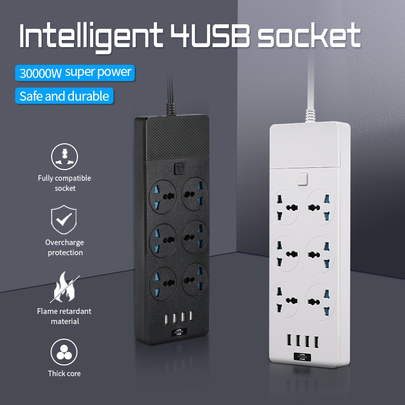 US PLUG 3000W Power Strip 6 Sockets 4 USB Ports T12 Power Extension ...