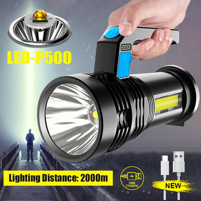 Super Powerful Rechargeable Flashlight 2km LED Door P500 External Cob ...