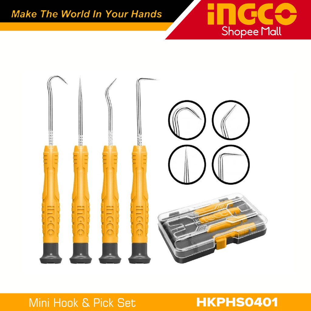 Ingco HKPHS0401 4pcs Mini Hook & Pick Set Newly Designed Handle _H ...
