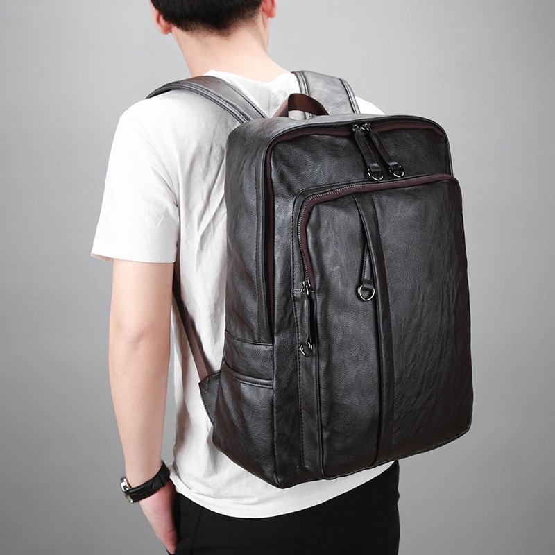 Men's PU Leather Backpack 15.6 Inch Waterproof Multifunctional Black ...