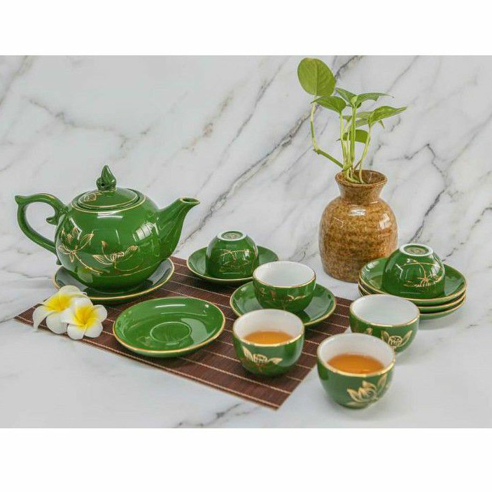 Bat Trang tea set, emerald green, lotus painted with gold thread ...