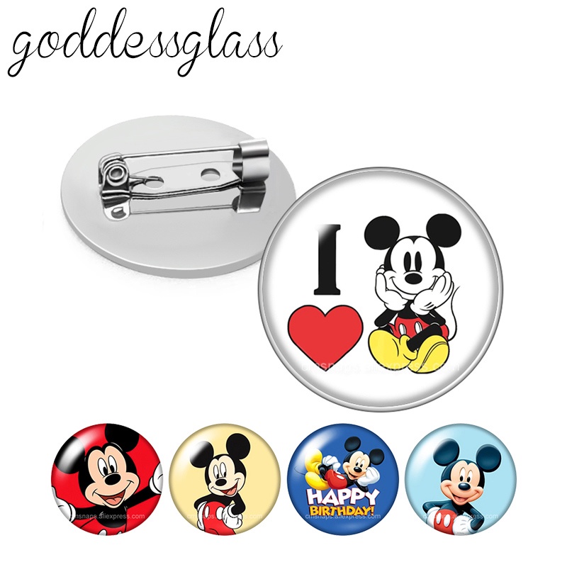 Disney Mickey mouse Cute Round Glass cabochon Silver color Brooch Dome ...