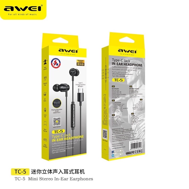 Kingstar Awei TC-5 Type C Plug Wired Earphones Mini Bass Stereo In-Ear ...