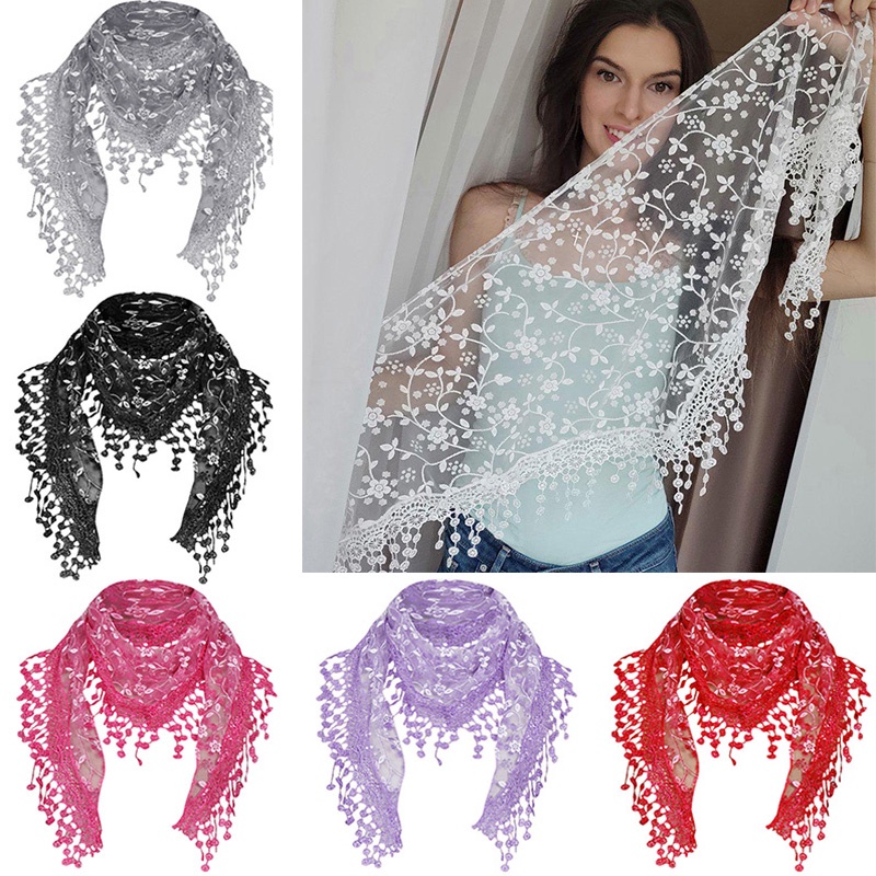 Women Fashion Triangle Wrap Lady Flower Lace Scarf Female Tassel Shawls ...