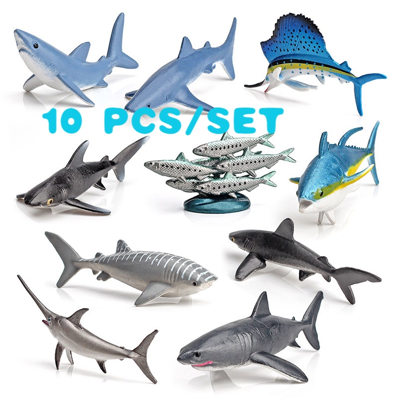 10Pcs/set Sea World Mini Fishes Model Great White Shark Blue Whale ...